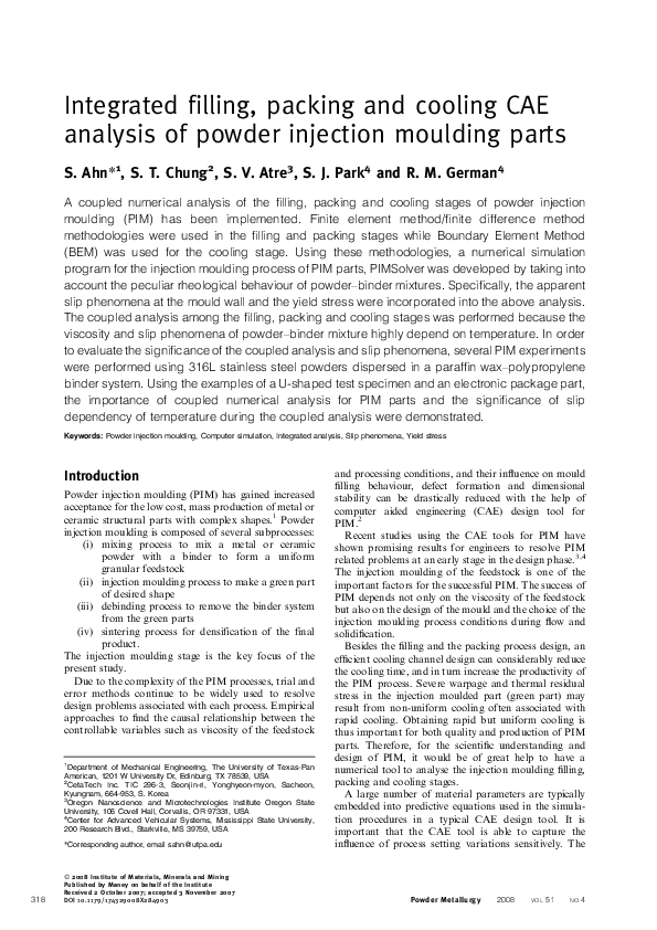 (PDF) Integrated filling, packing and cooling CAE analysis of powder injection moulding parts