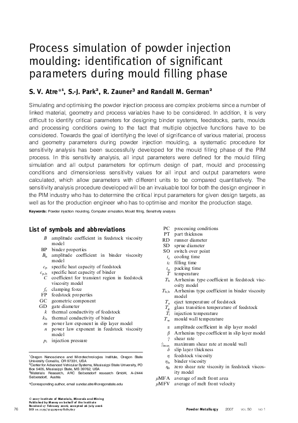 (PDF) Process simulation of powder injection moulding: identification of significant parameters ...