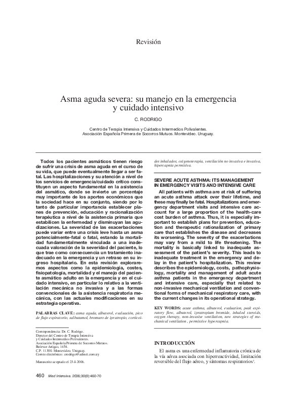 (PDF) Asma aguda severa: su manejo en la emergencia y cuidado intensivo