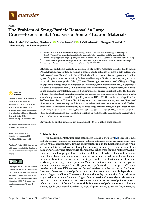 (PDF) The Problem of Smog-Particle Removal in Large Cities—Experimental Analysis of Some ...