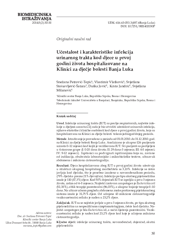 (PDF) Učestalost i karakteristike infekcija urinarnog trakta kod djece u prvoj godini života ...