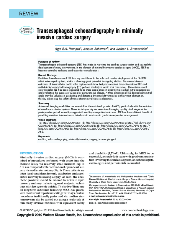 (PDF) Transesophageal echocardiography in minimally invasive cardiac surgery