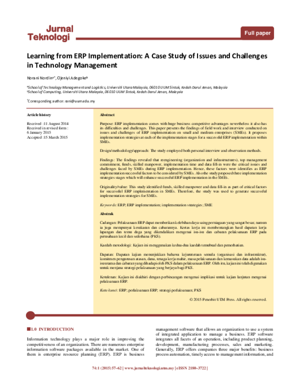 (PDF) Learning from ERP Implementation: A Case Study of Issues and Challenges in Technology ...