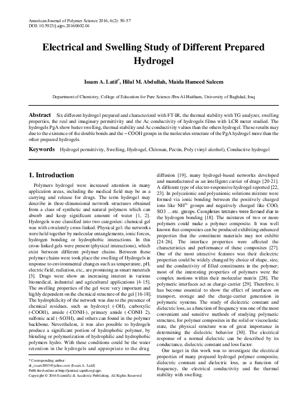 (PDF) Electrical and Swelling Study of Different Prepared Hydrogel