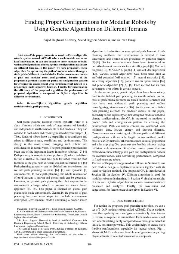 Pdf Finding Proper Configurations For Modular Robots By Using Genetic Algorithm On Different