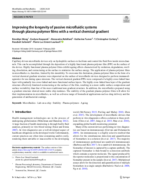 (PDF) Improving the longevity of passive microfluidic systems through plasma polymer films with ...