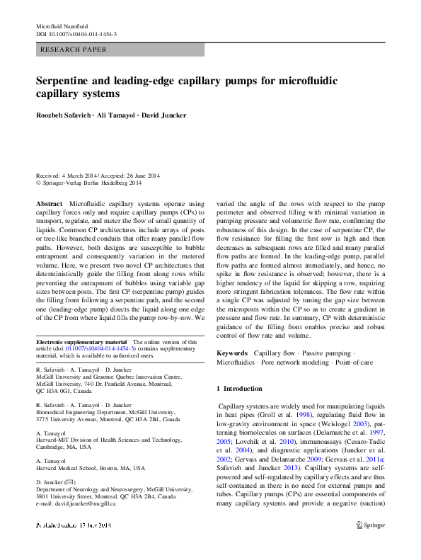 (PDF) Serpentine and leading-edge capillary pumps for microfluidic capillary systems