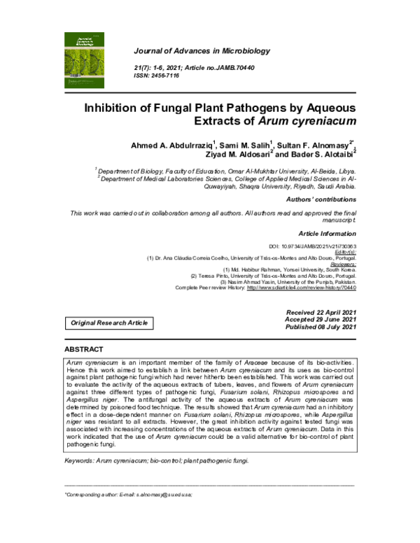 (PDF) Inhibition of Fungal Plant Pathogens by Aqueous Extracts of Arum ...