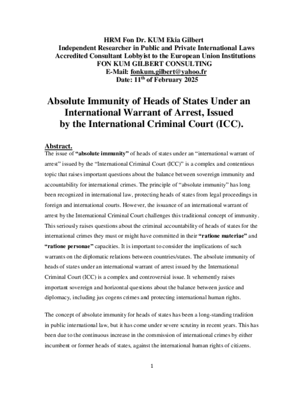 (PDF) Absolute Immunity of Heads of States Under an International ...