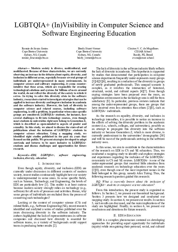 (PDF) LGBTQIA+ (In)Visibility in Computer Science and Software Engineering Education