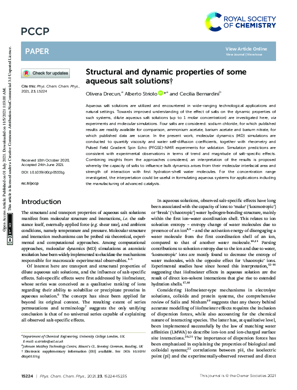 (PDF) Structural and dynamic properties of some aqueous salt solutions