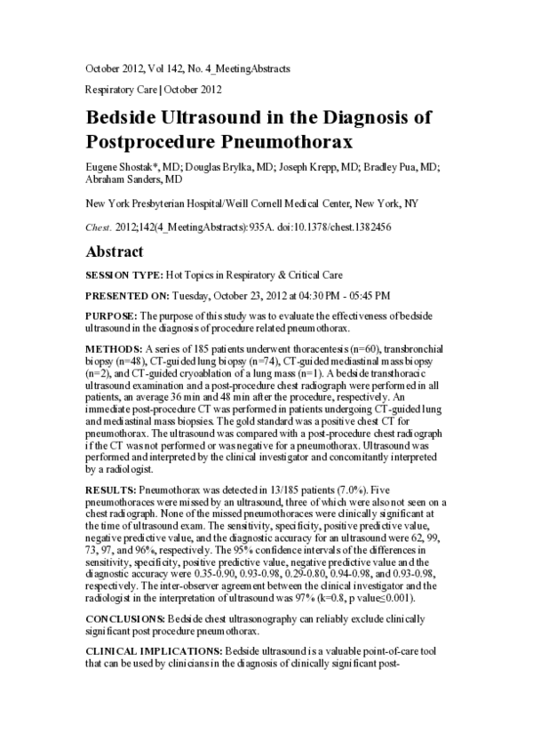 (PDF) Bedside Ultrasound in the Diagnosis of Postprocedure Pneumothorax