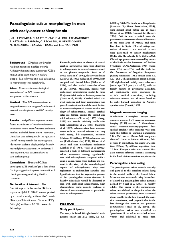 (PDF) Paracingulate sulcus morphology in men with early-onset schizophrenia
