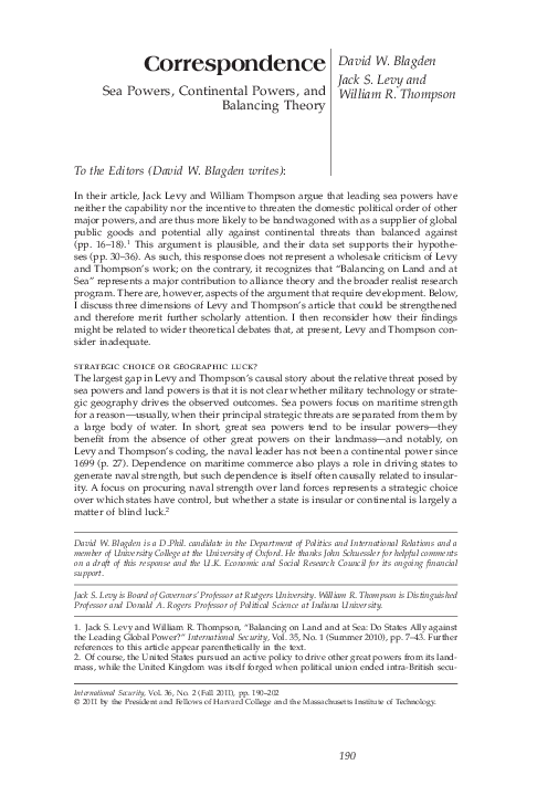 (PDF) Sea Powers, Continental Powers, and Balancing Theory