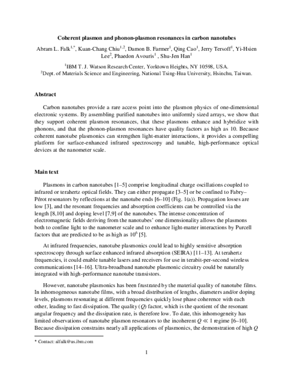 (PDF) Coherent Plasmon and Phonon-Plasmon Resonances in Carbon Nanotubes