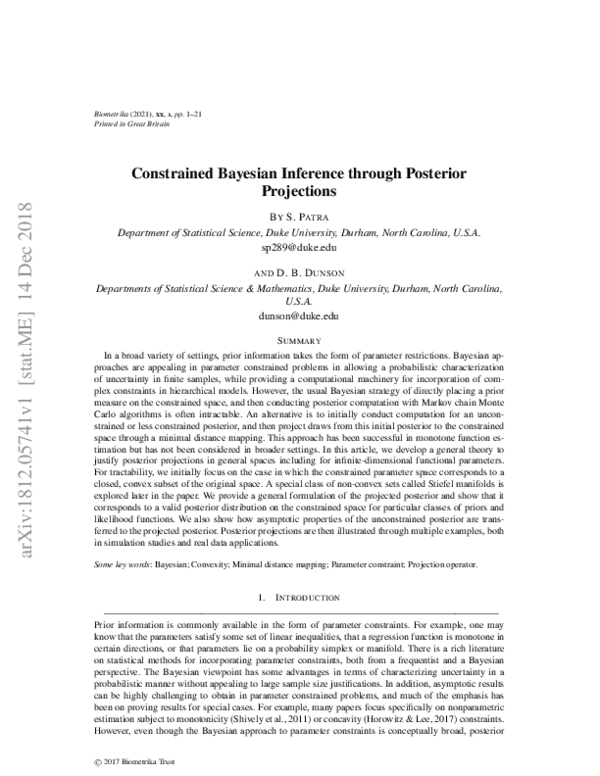 Constrained Bayesian Inference through Posterior Projection with Applications