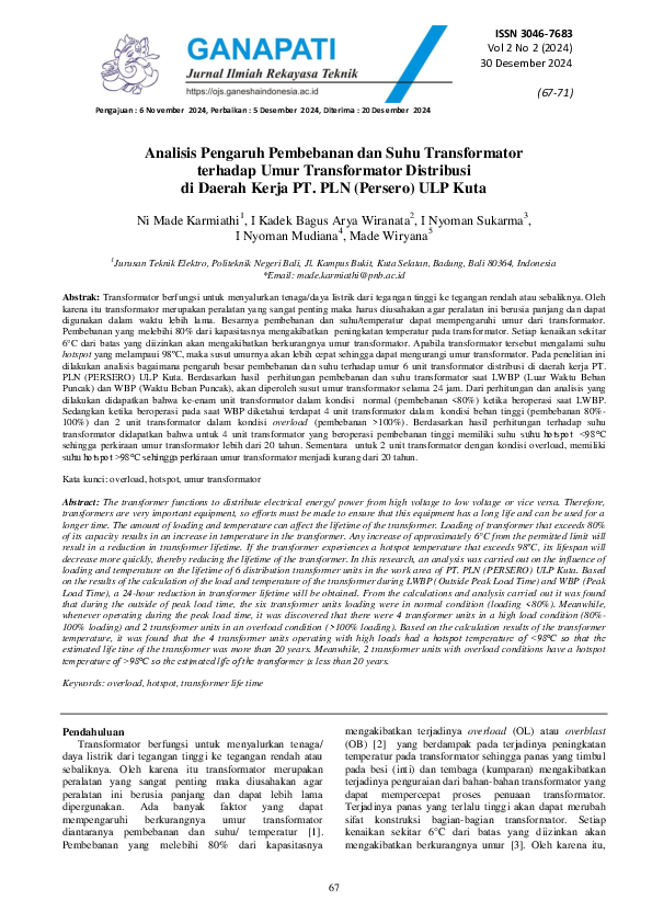 (PDF) Analisis Pengaruh Pembebanan dan Suhu Transformator terhadap Umur ...