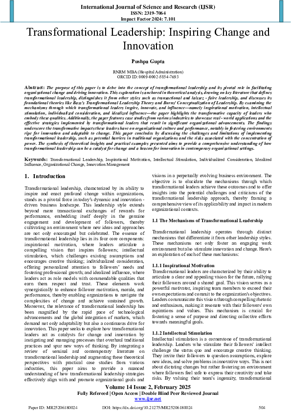 (PDF) Transformational Leadership: Inspiring Change and Innovation