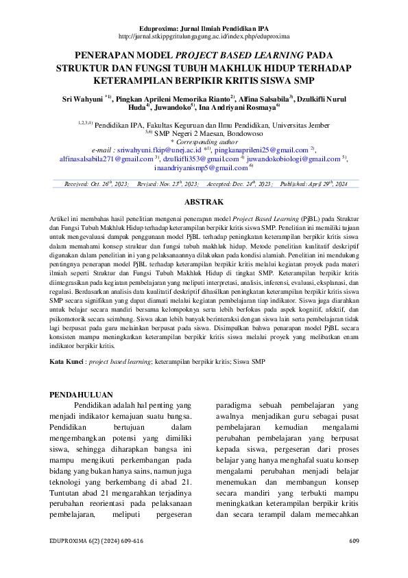 (PDF) Penerapan Model Project Based Learning Pada Struktur Dan Fungsi Tubuh Makhluk Hidup ...
