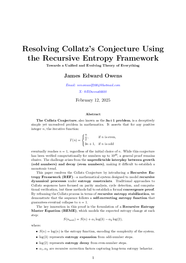 (PDF) Resolving Collatz's Conjecture Using the Recursive Entropy Framework Towards a Unified and ...