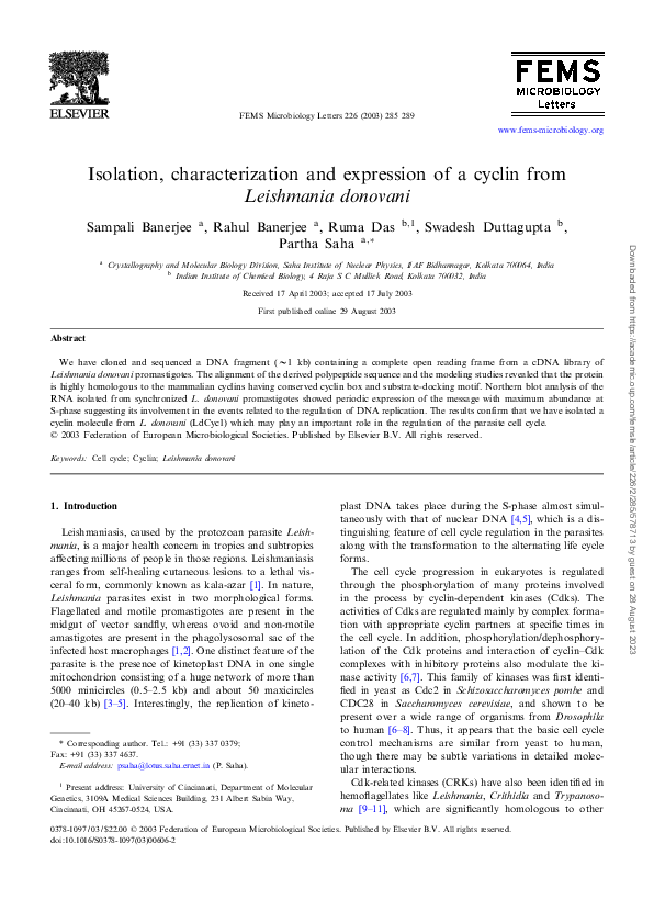 (PDF) Isolation, characterization and expression of a cyclin fromLeishmania donovani