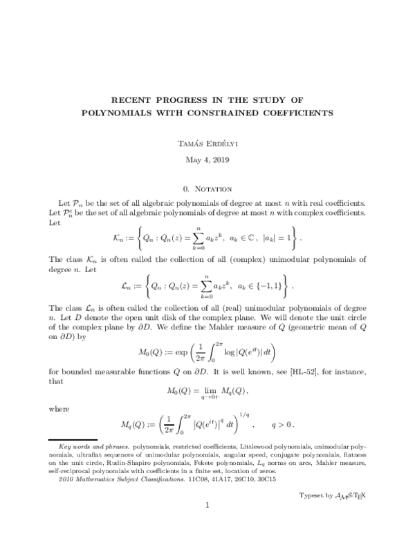 (PDF) Recent Progress in the Study of Polynomials with Constrained Coefficients