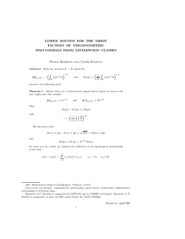 (PDF) Lower bounds for the merit factors of trigonometric polynomials from Littlewood classes