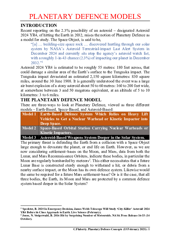 (PDF) PLANETARY DEFENCE MODELS