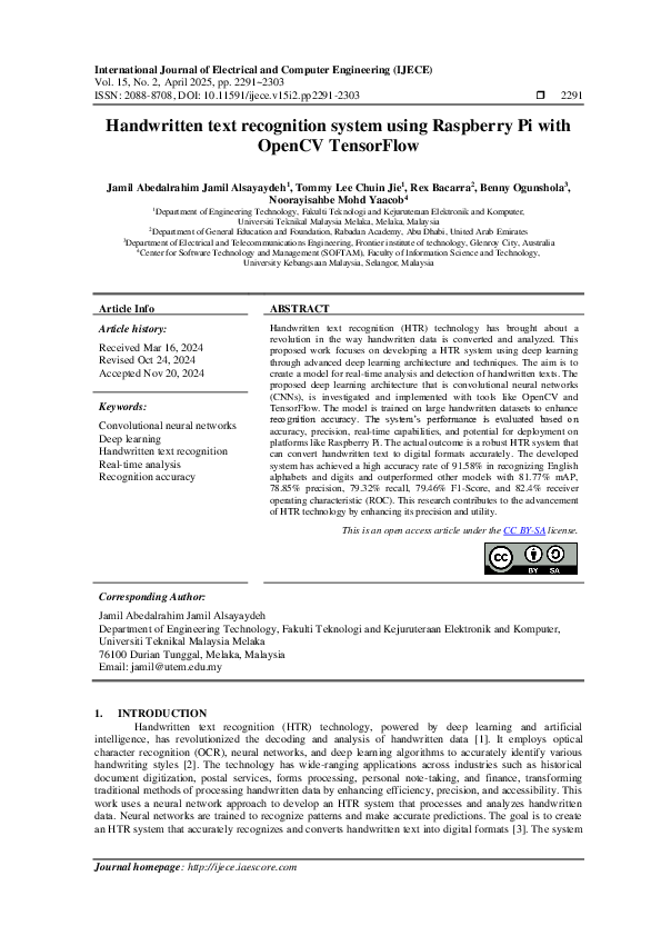 (PDF) Handwritten text recognition system using Raspberry Pi with OpenCV TensorFlow
