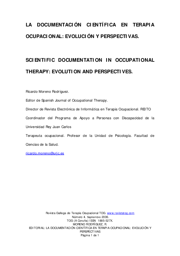 (PDF) La documentación científica en Terapia Ocupacional: evolución y perspectivas