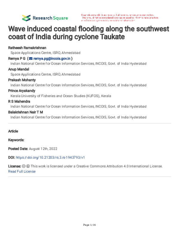 (PDF) Wave induced coastal flooding along the southwest coast of India ...
