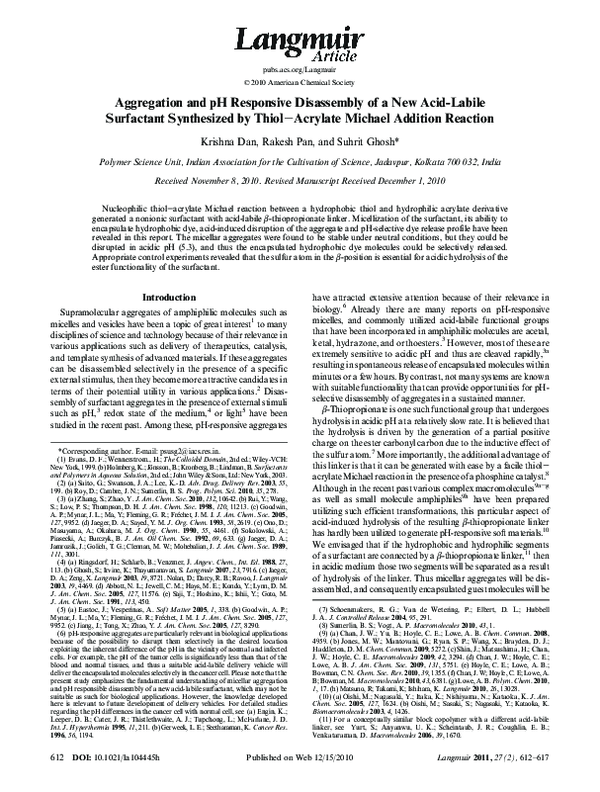 (PDF) Aggregation and pH Responsive Disassembly of a New Acid-Labile ...