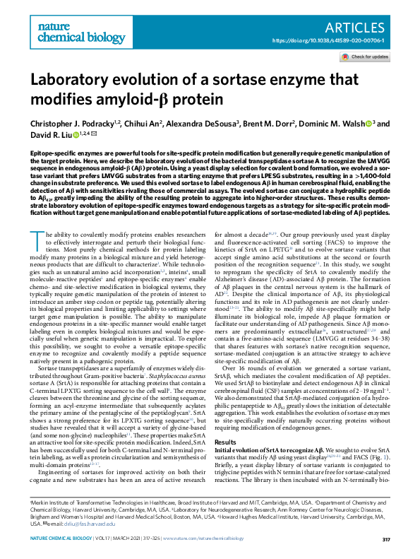 (PDF) Laboratory evolution of a sortase enzyme that modifies amyloid-β ...