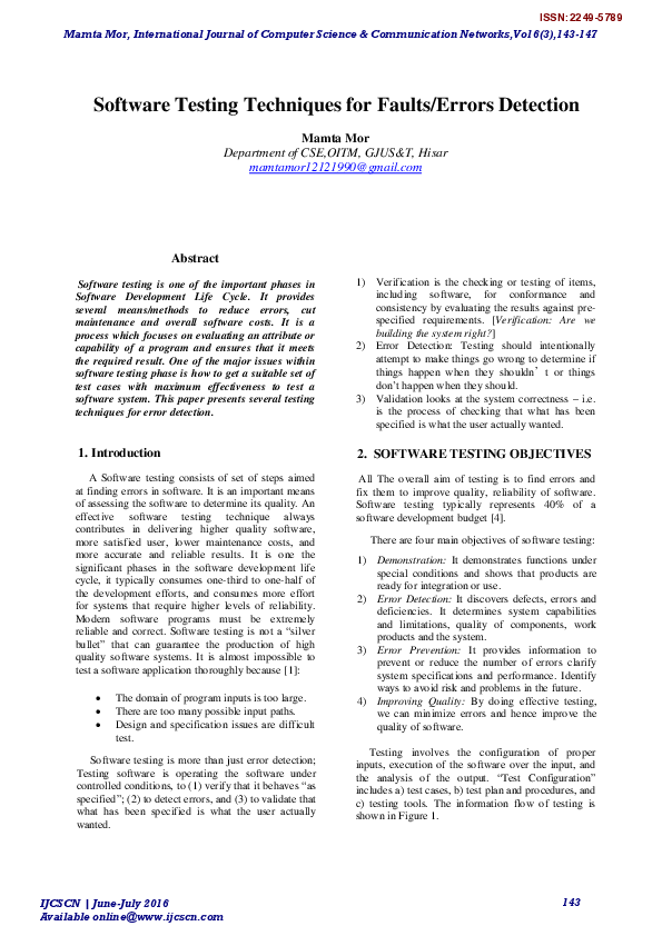 (PDF) Software Testing Techniques for Faults/Errors Detection