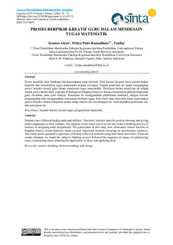 (PDF) Proses Berpikir Kreatif Guru Dalam Mendesain Tugas Matematik