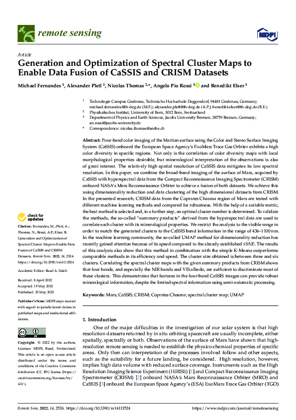 (PDF) Generation and Optimization of Spectral Cluster Maps to Enable Data Fusion of CaSSIS and ...