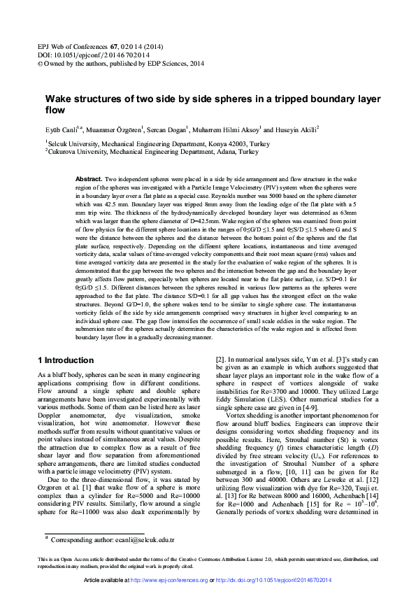 (PDF) Wake structures of two side by side spheres in a tripped boundary ...