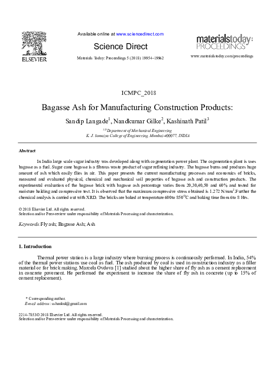 (PDF) Bagasse Ash for Manufacturing Construction Products