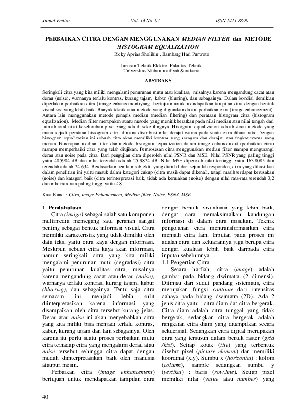 (PDF) Perbaikan Citra dengan Menggunakan Median Filter dan Metode Histogram Equalization