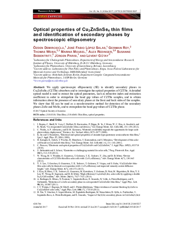 (PDF) Optical properties of Cu_2ZnSnSe_4 thin films and identification of secondary phases by ...