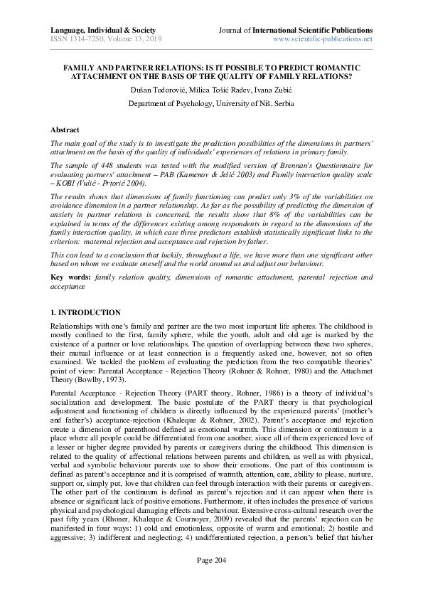 (PDF) Family and Partner Relations: Is It Possible to Predict Romantic ...