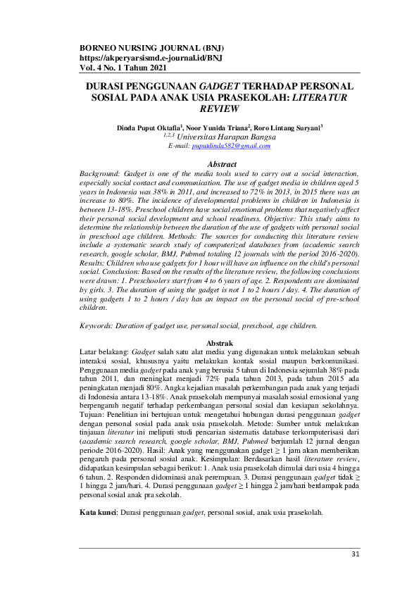 (PDF) Durasi Penggunaan Gadget Terhadap Personal Sosial Pada Anak Usia Prasekolah: Literatur Review