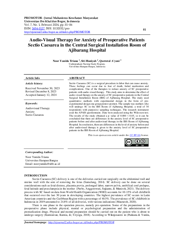 (PDF) Audio-Visual Therapy for Anxiety of Preoperative Patients Sectio Caesarea in the Central ...