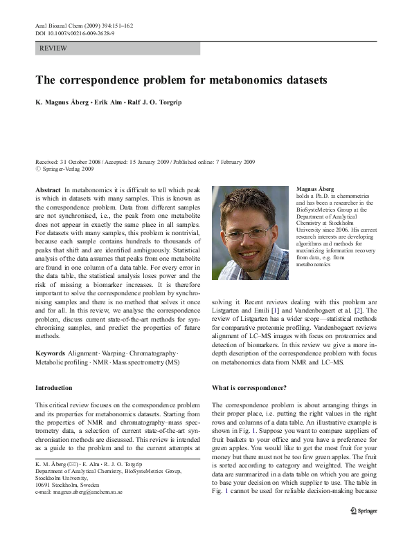 (PDF) The correspondence problem for metabonomics datasets