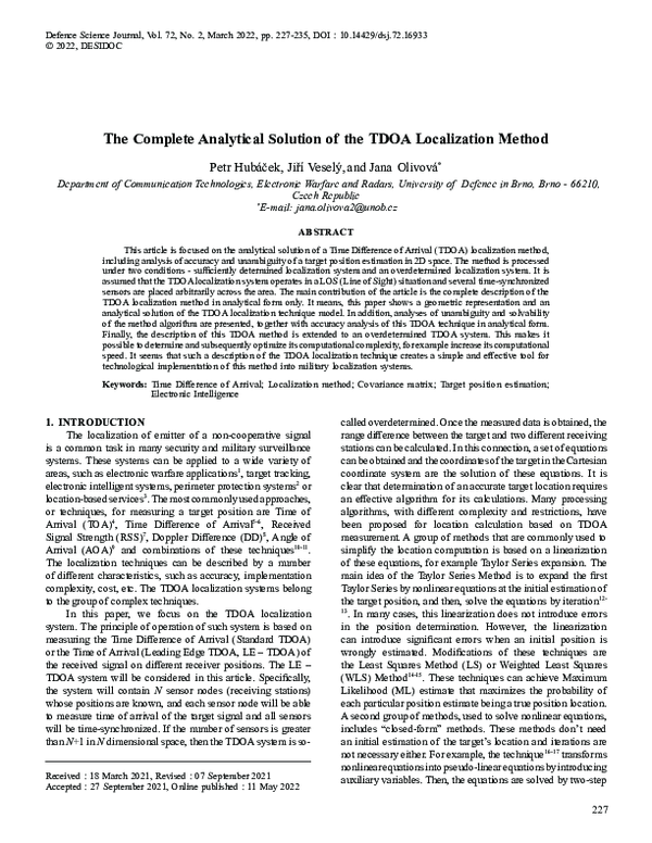 (PDF) The Complete Analytical Solution of the TDOA Localization Method