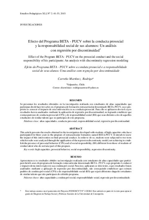 (PDF) Efecto del Programa BETA - PUCV sobre la conducta prosocial y la responsabilidad social de ...