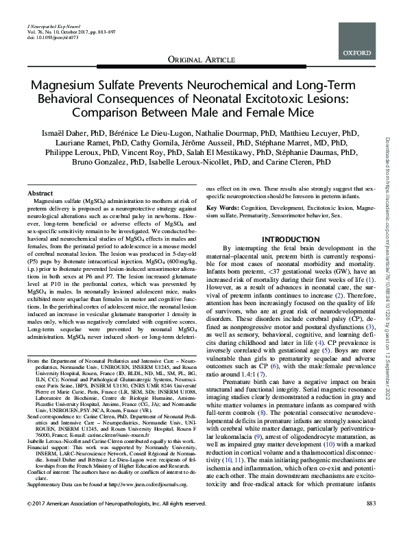 (PDF) Magnesium Sulfate Prevents Neurochemical and Long-Term Behavioral ...