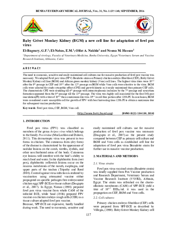 (PDF) Baby Grivet Monkey Kidney (BGM) a new cell line for adaptation of ...