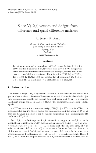 (PDF) Some V(12, t) vectors and designs from difference and quasi ...