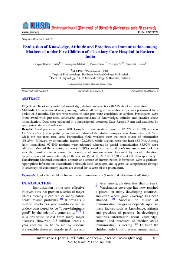 (PDF) Evaluation of Knowledge, Attitude and Practices on Immunization among Mothers of under ...